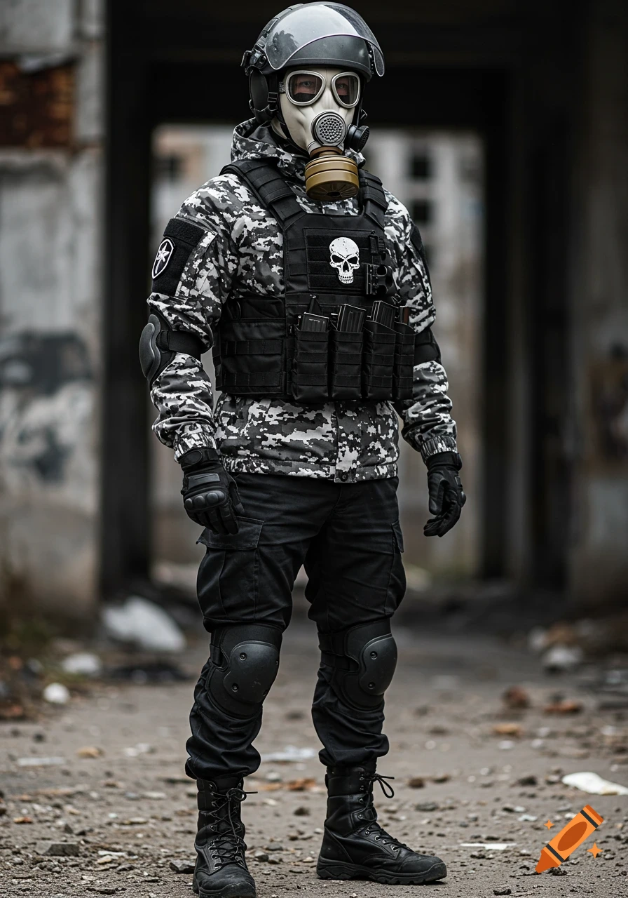 A person in tactical camouflage, a gas mask, helmet, and protective ...