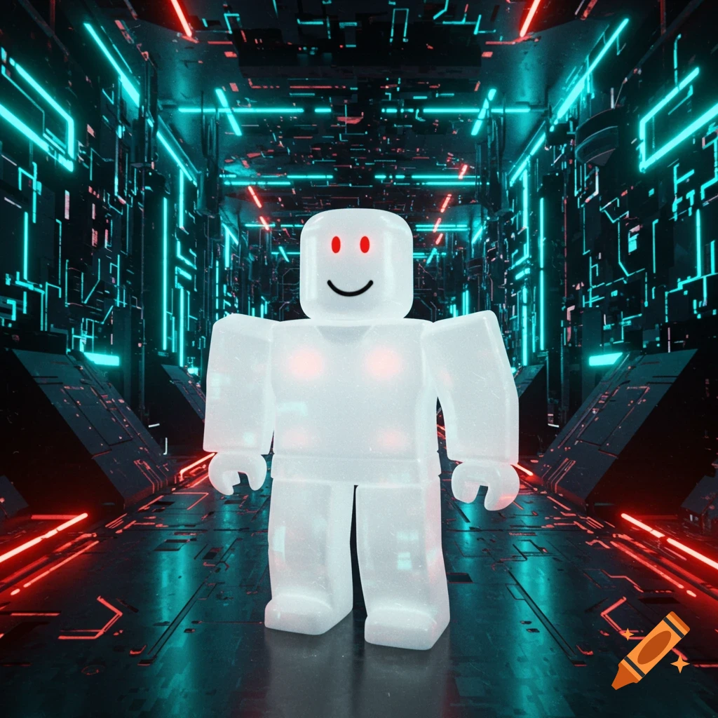 A white, blocky Roblox R6 character with a smiley face stands in a ...