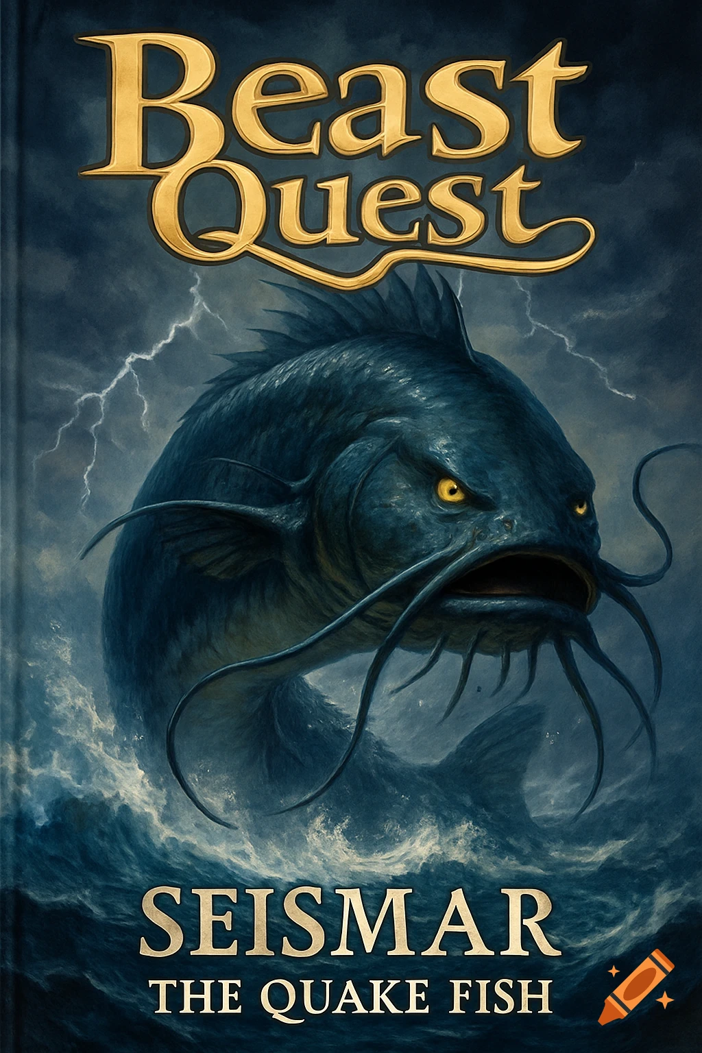Book cover for 'Beast Quest: Seismar The Quake Fish' showing a giant ...