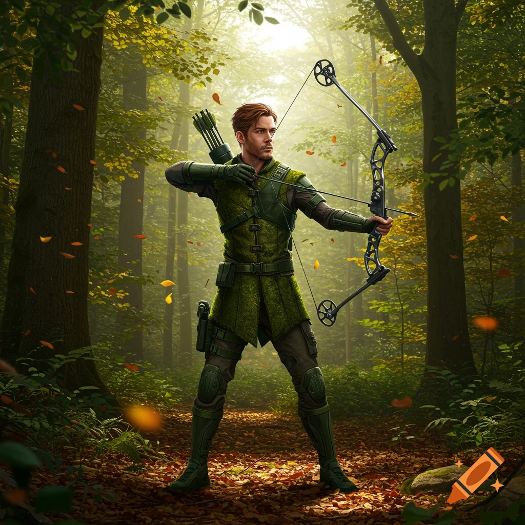 A man dressed as Robin Hood with a modern compound bow stands in a ...