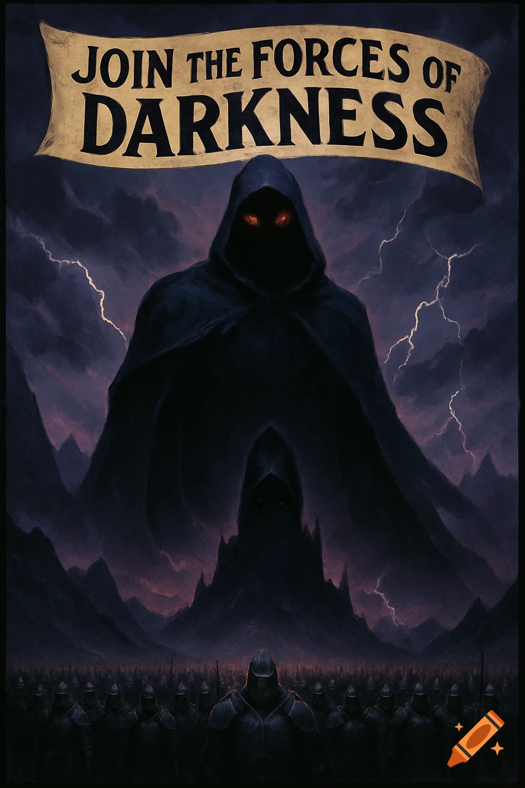 A dark fantasy recruitment poster showing a large hooded figure with ...