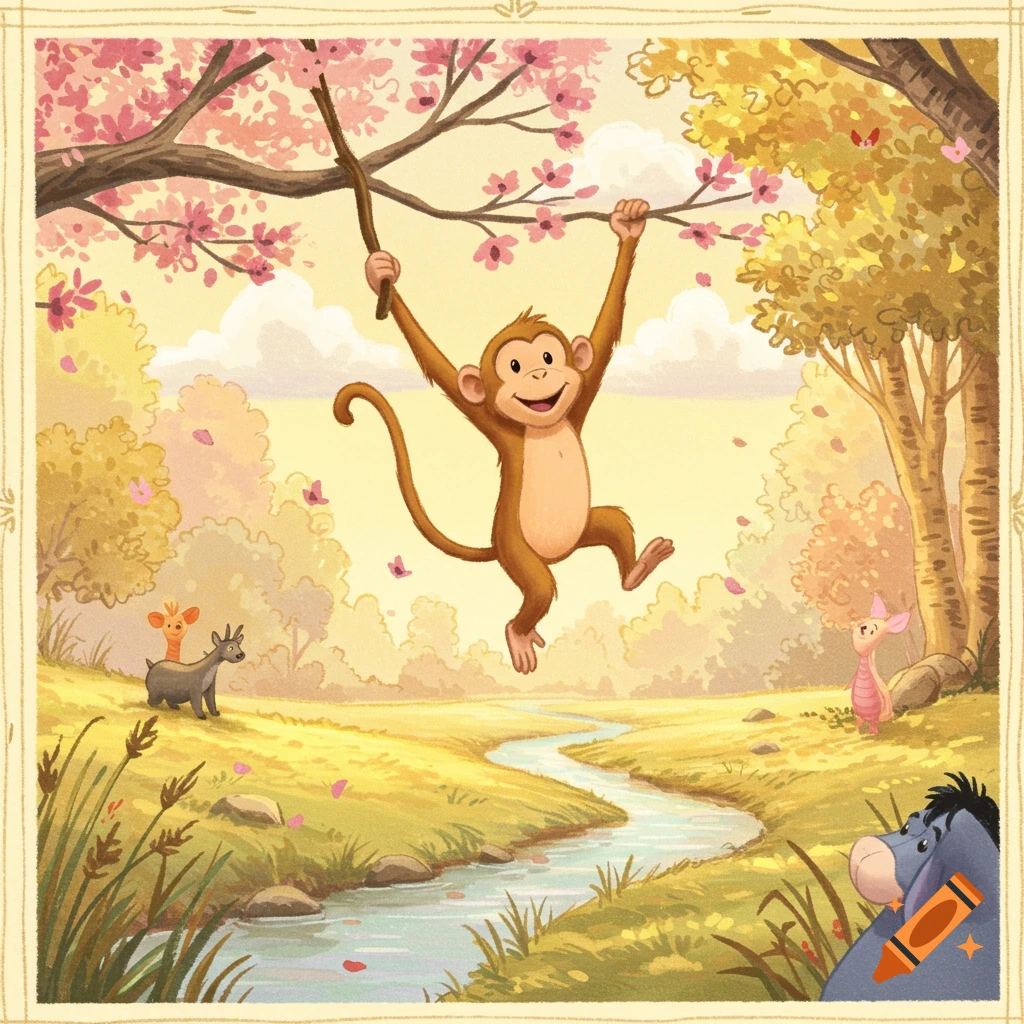 A happy brown monkey swings from a tree branch over a winding stream in ...