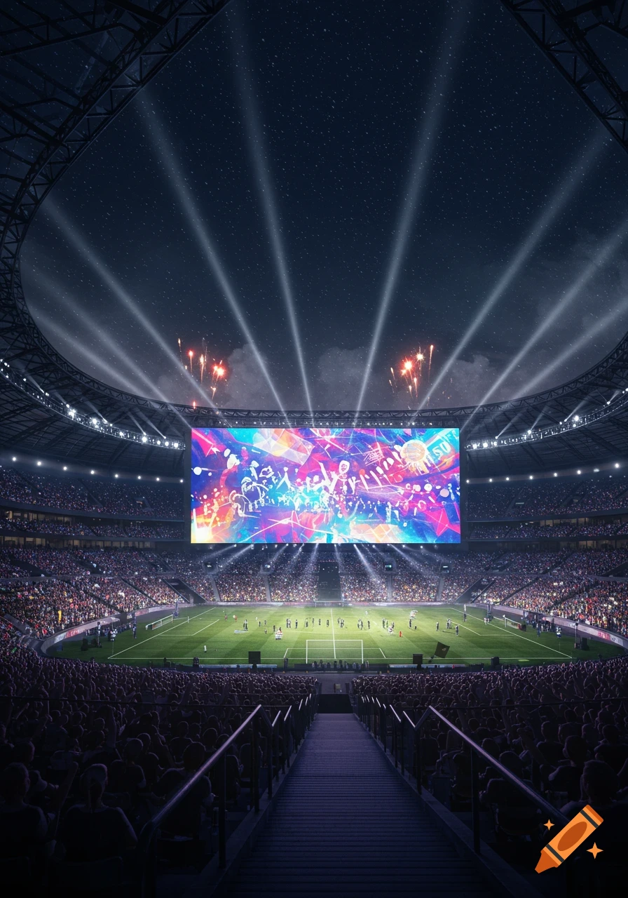 A night view of a packed football stadium with spotlights, fireworks ...