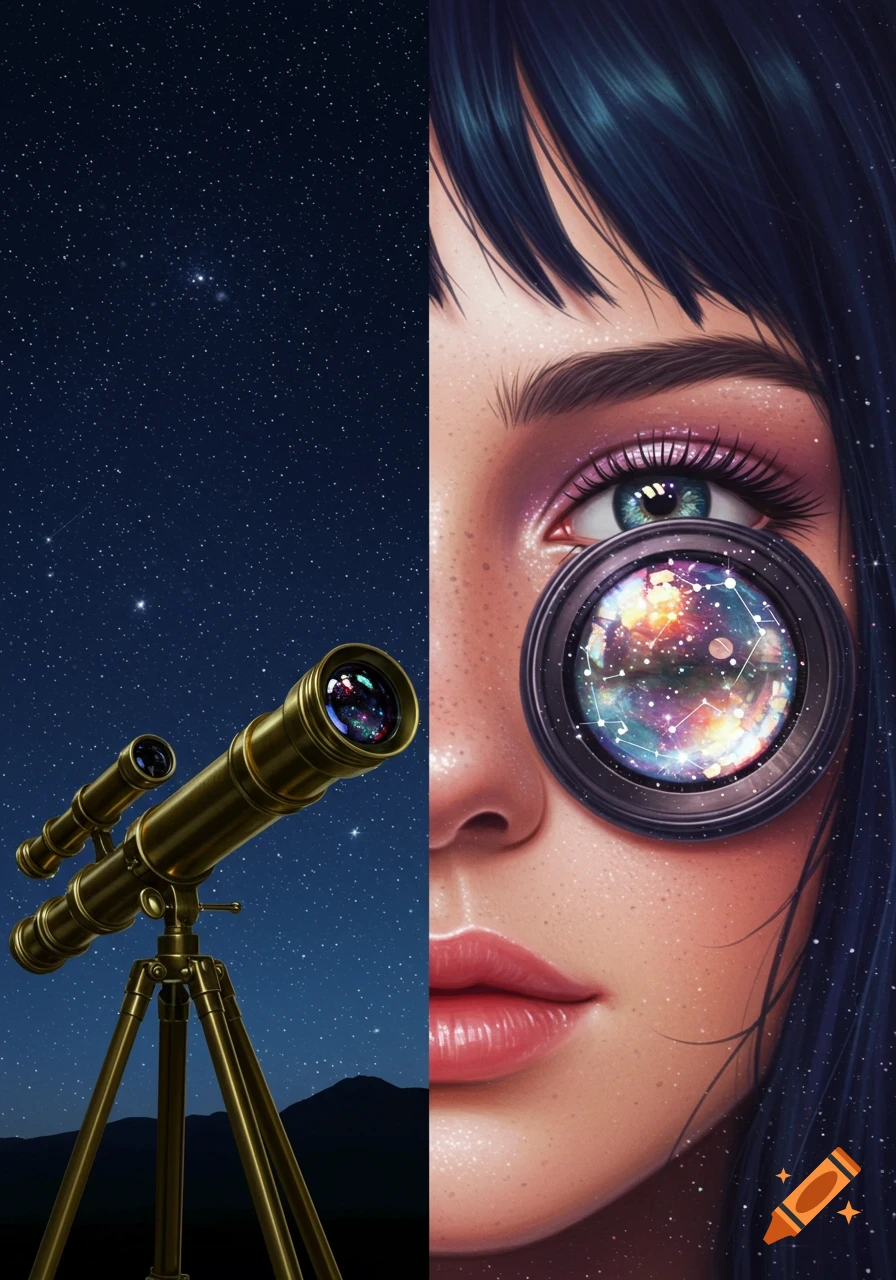 Split image: a golden telescope under a starry sky and a woman's eye ...