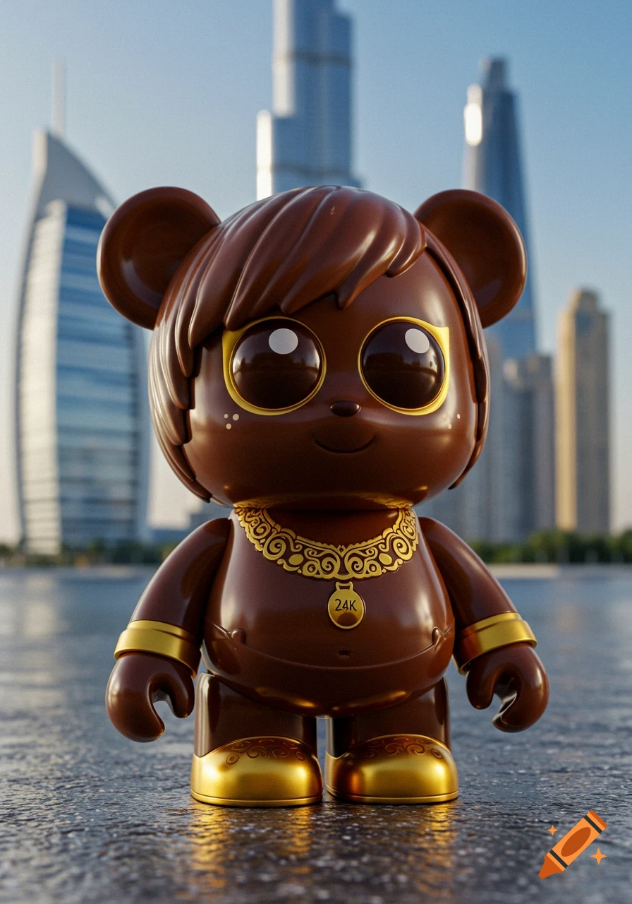 A glossy chocolate toy with gold accents, including a '24K' necklace ...