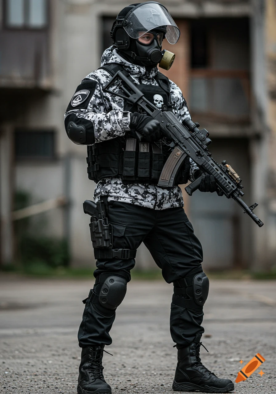 A soldier in white and black digital camouflage, black tactical gear ...