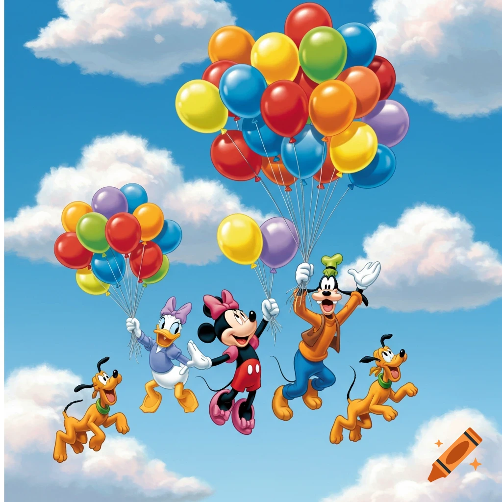 Mickey, Minnie, Donald, Daisy, Goofy, and Pluto float in a blue sky ...