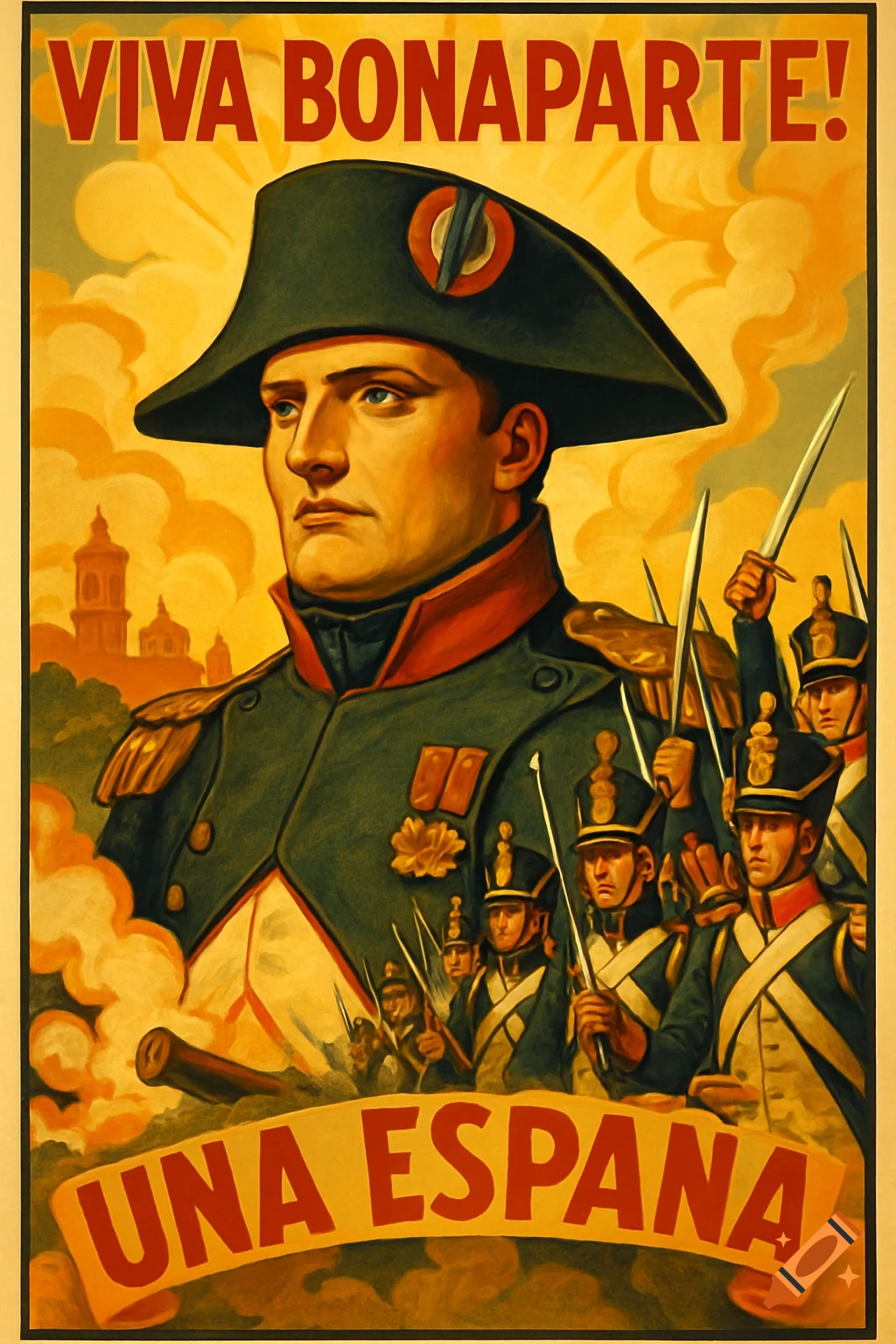 Vintage propaganda poster of Napoleon Bonaparte with soldiers and a ...