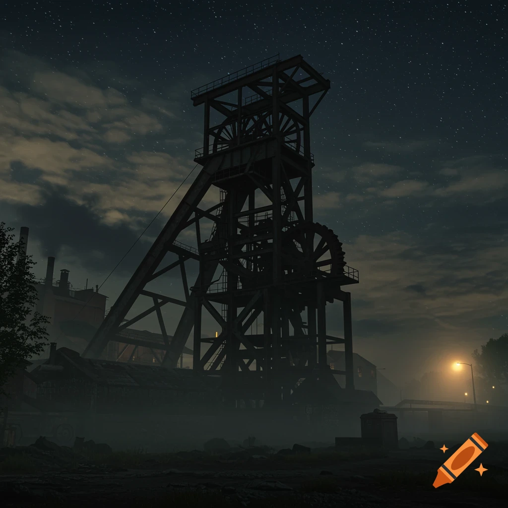 Photorealistic image of a silhouetted coal mine winding gear at night ...