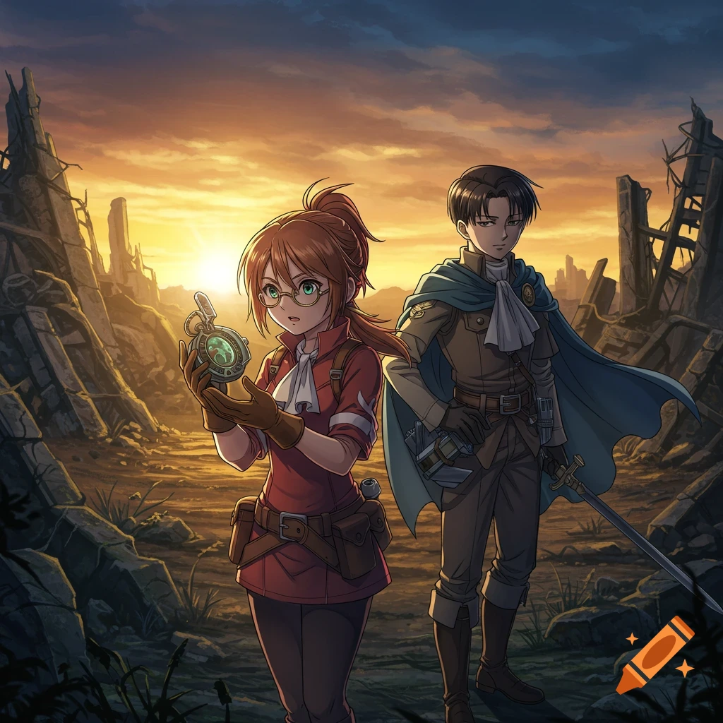 Anime characters Hange and Levi in a ruined landscape at sunset, with ...