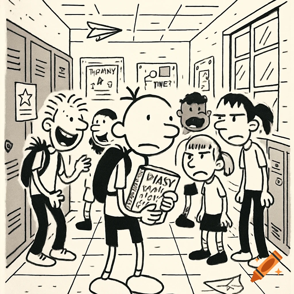 Monochrome cartoon drawing of students in a school hallway, reminiscent ...