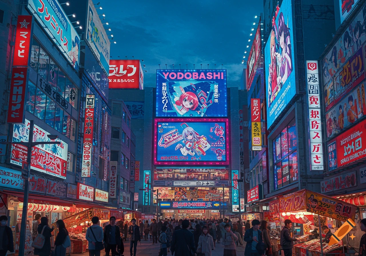 A bustling street scene in a Japanese city, with vibrant neon signs and ...