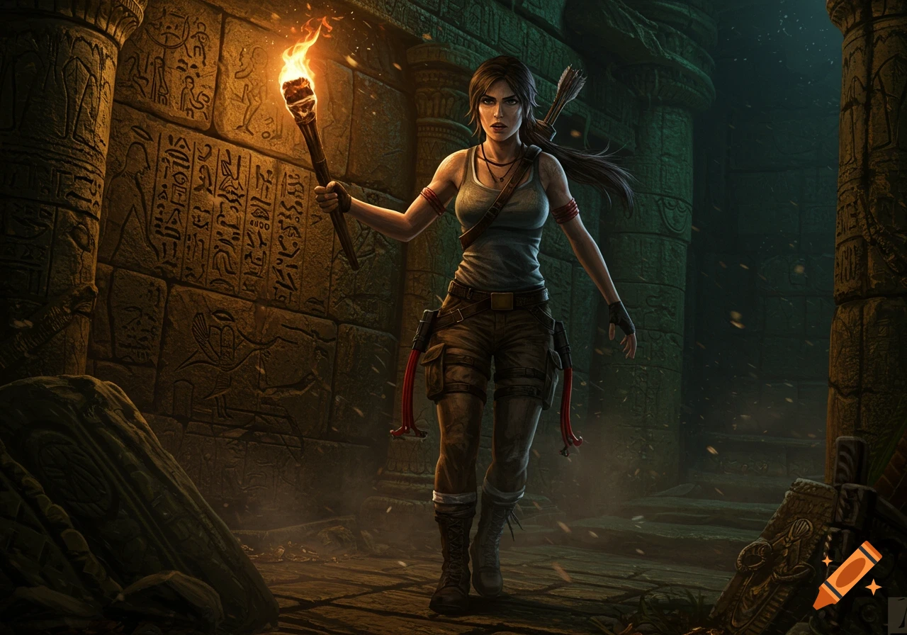 Lara Croft, holding a flaming torch, stands in an ancient, intricately ...
