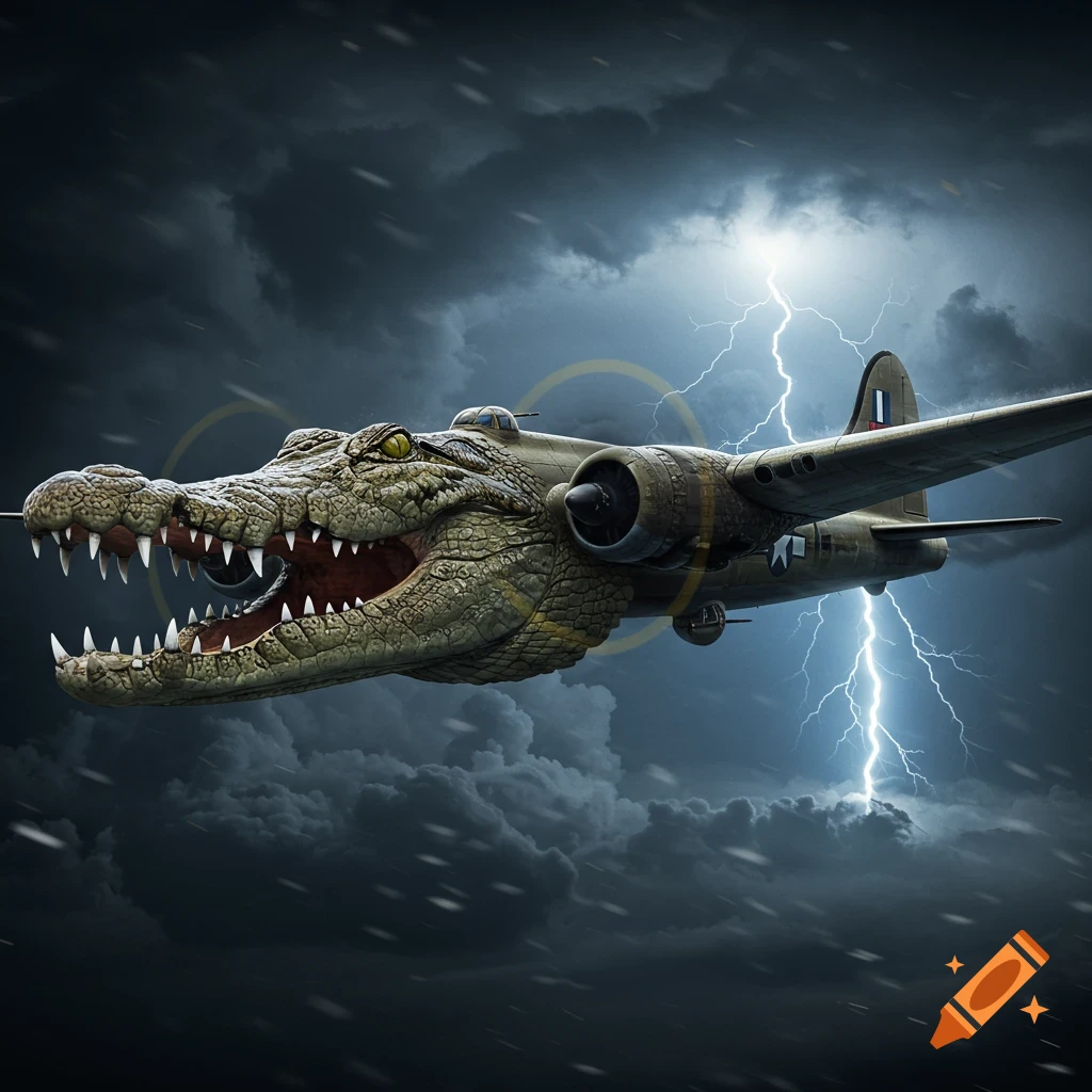 A photorealistic image of a bomber plane with a crocodile head flying ...