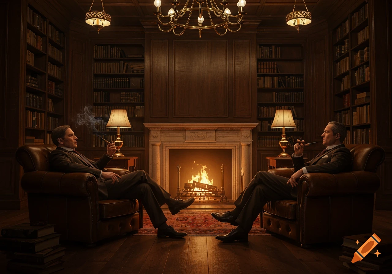 Two men in suits relax in leather armchairs by a fireplace in a dark ...