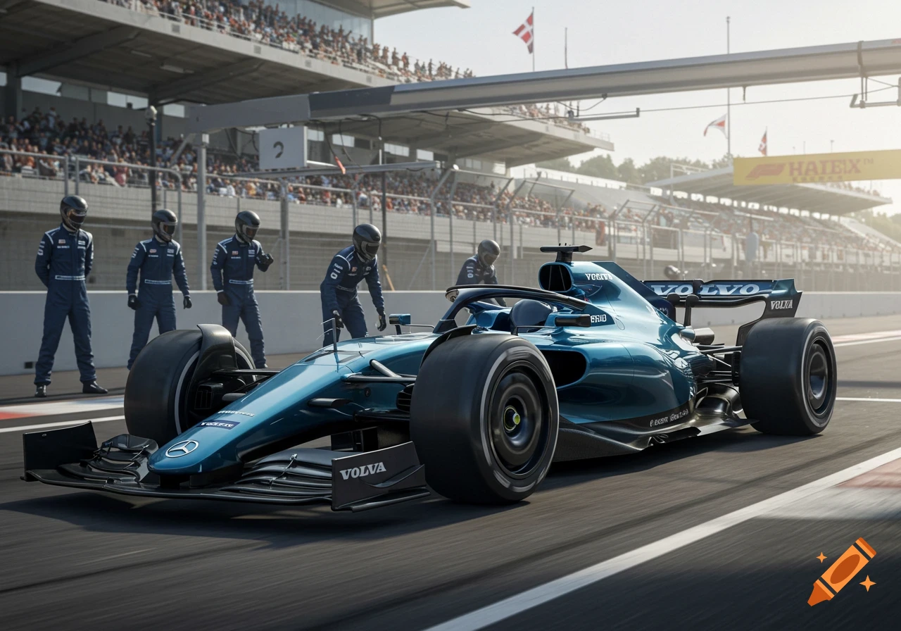 A red F1 racing car is on the track with a pit crew and grandstands in ...