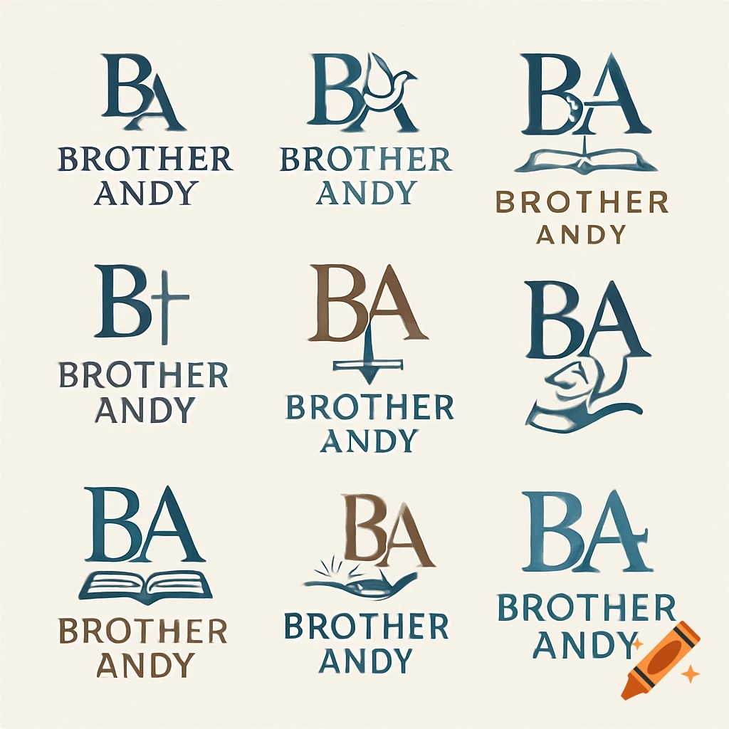 A grid of nine logo designs for 'Brother Andy', featuring initials 'BA ...