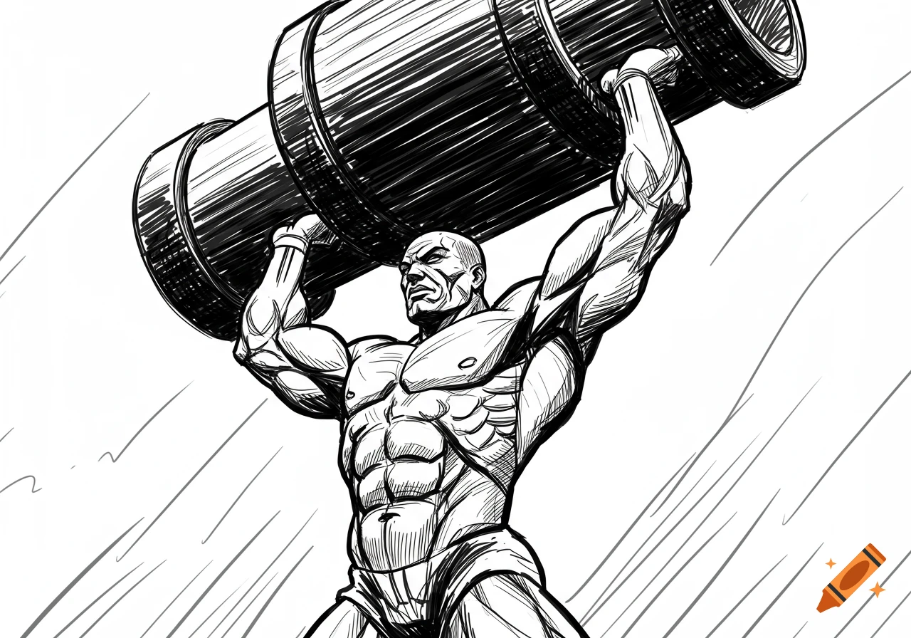 Black and white illustration of a muscular man lifting a large ...