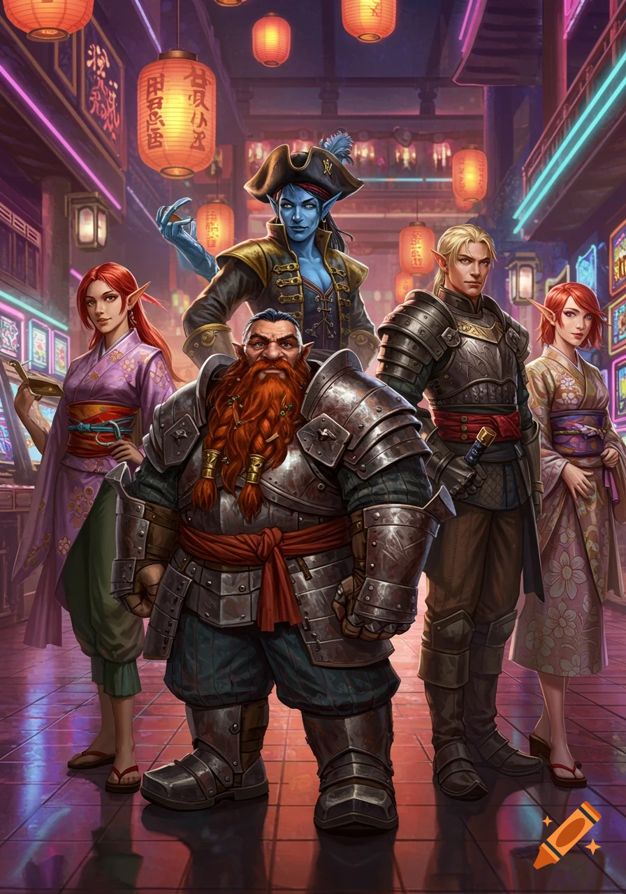 A colorful illustration of a diverse group of fantasy characters ...