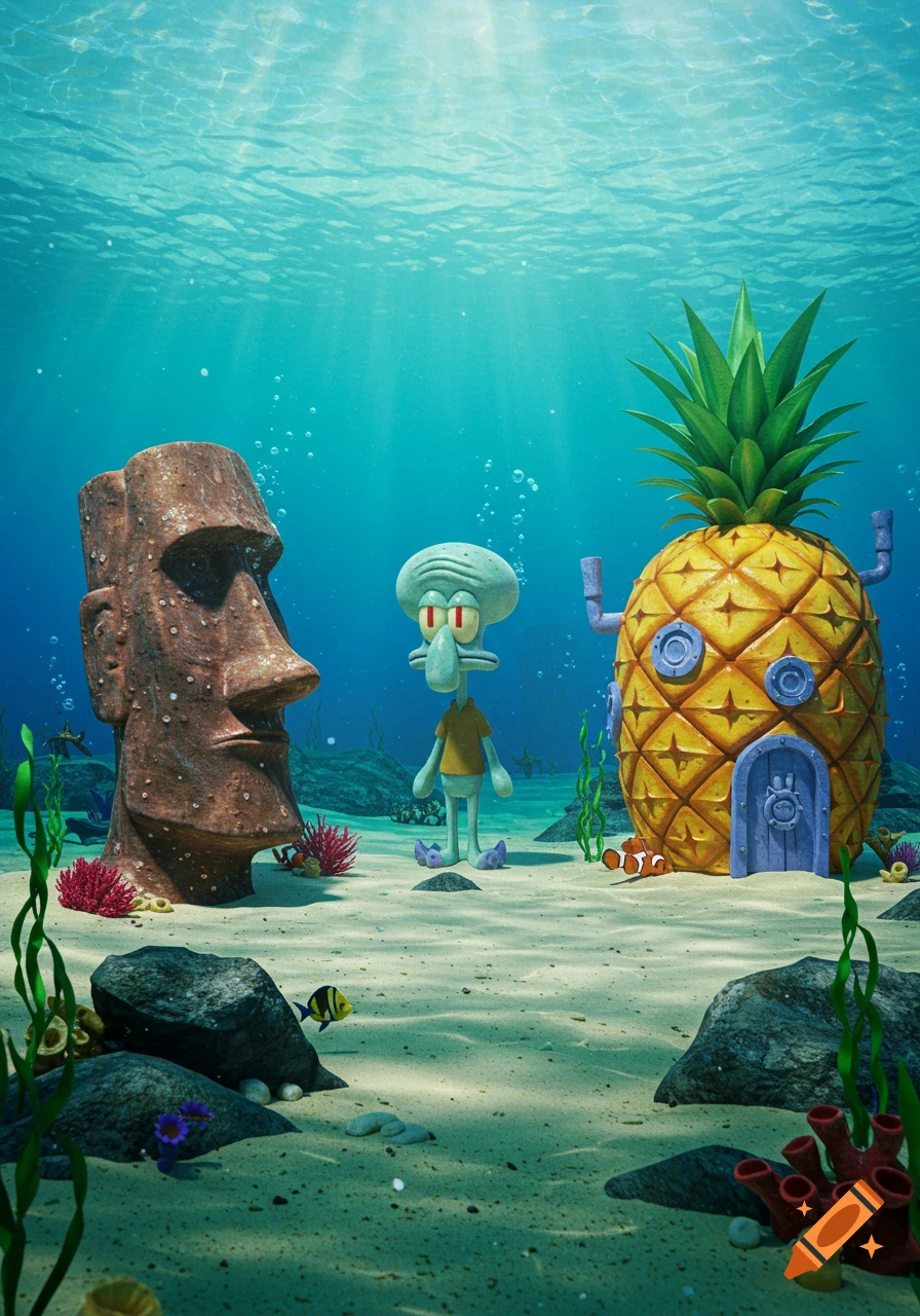 A realistic underwater scene with Squidward Tentacles, his Moai head house, and SpongeBob's ...