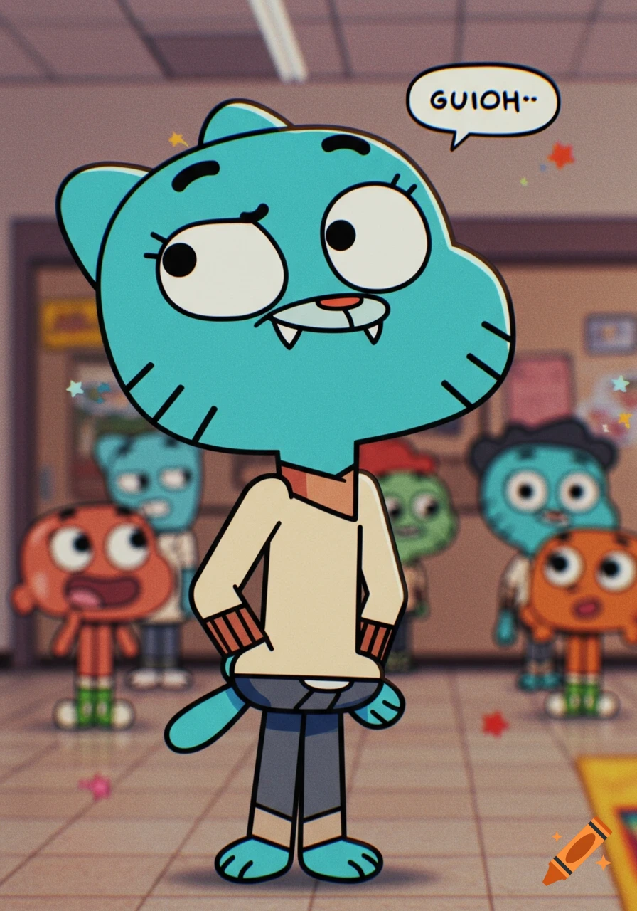 Cartoon character Darwin Watterson tap dancing on a stage under ...