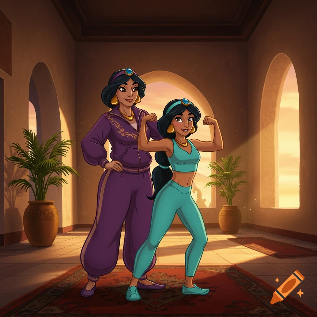 Princess Jasmine in a teal athletic suit stands confidently in a desert at sunset with palm ...