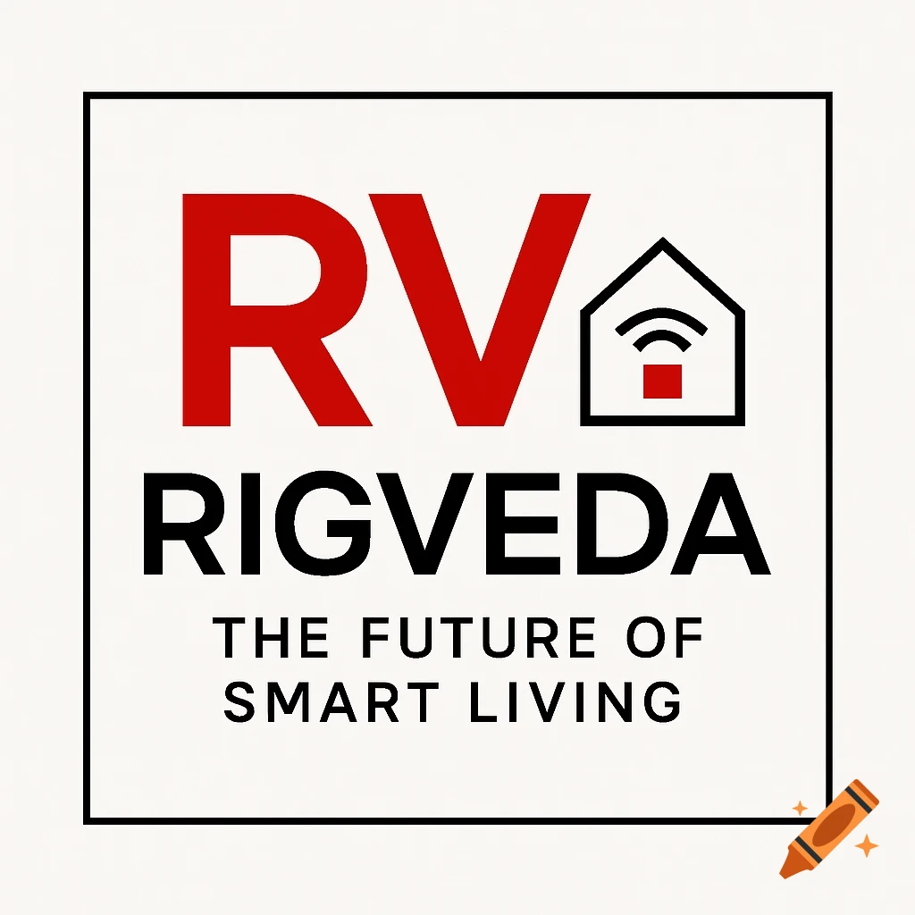 A modern logo for RV RIGVEDA smart home, featuring bold red 'RV' and ...