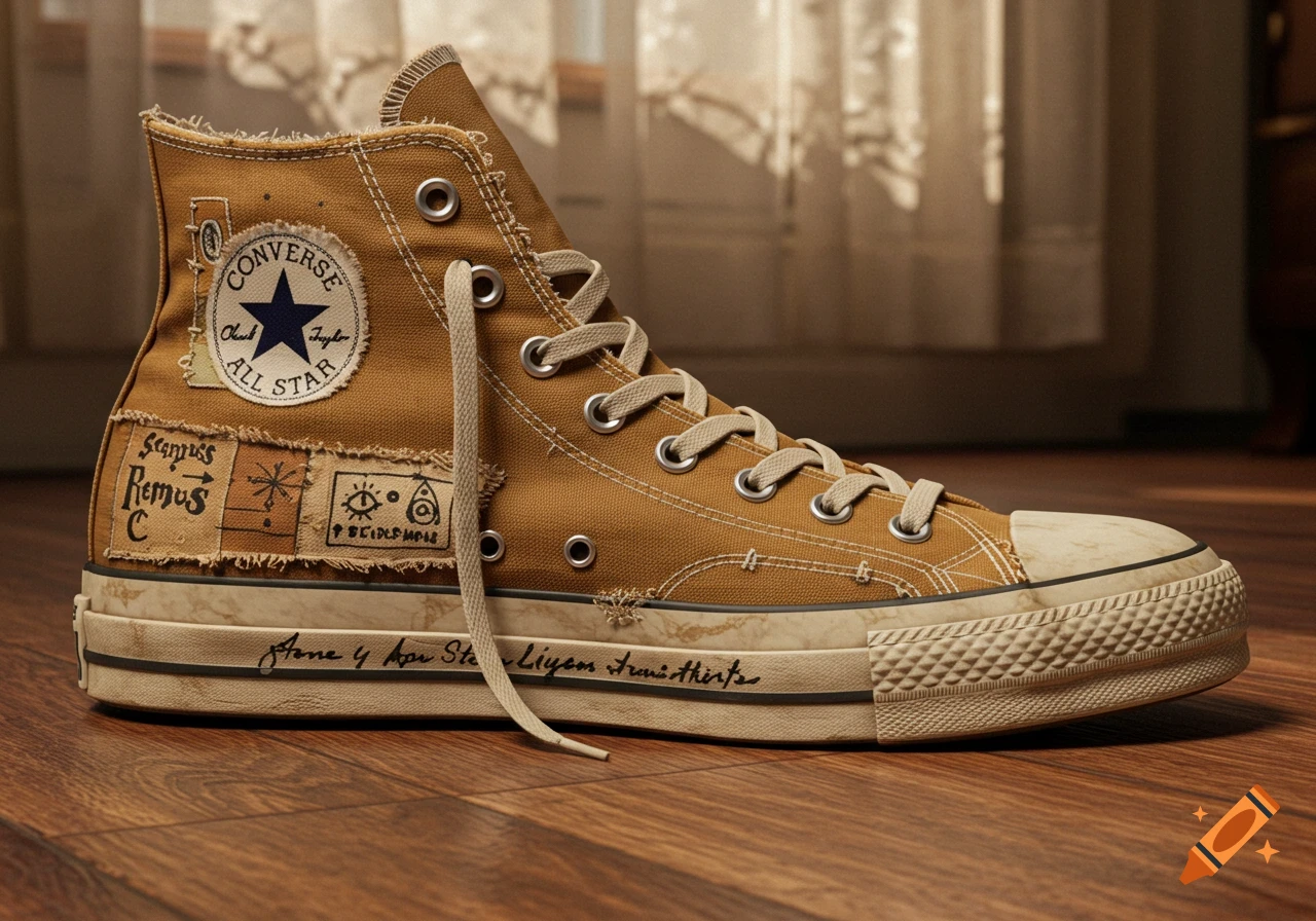 A close-up, photorealistic image of a vintage-style brown Converse high ...