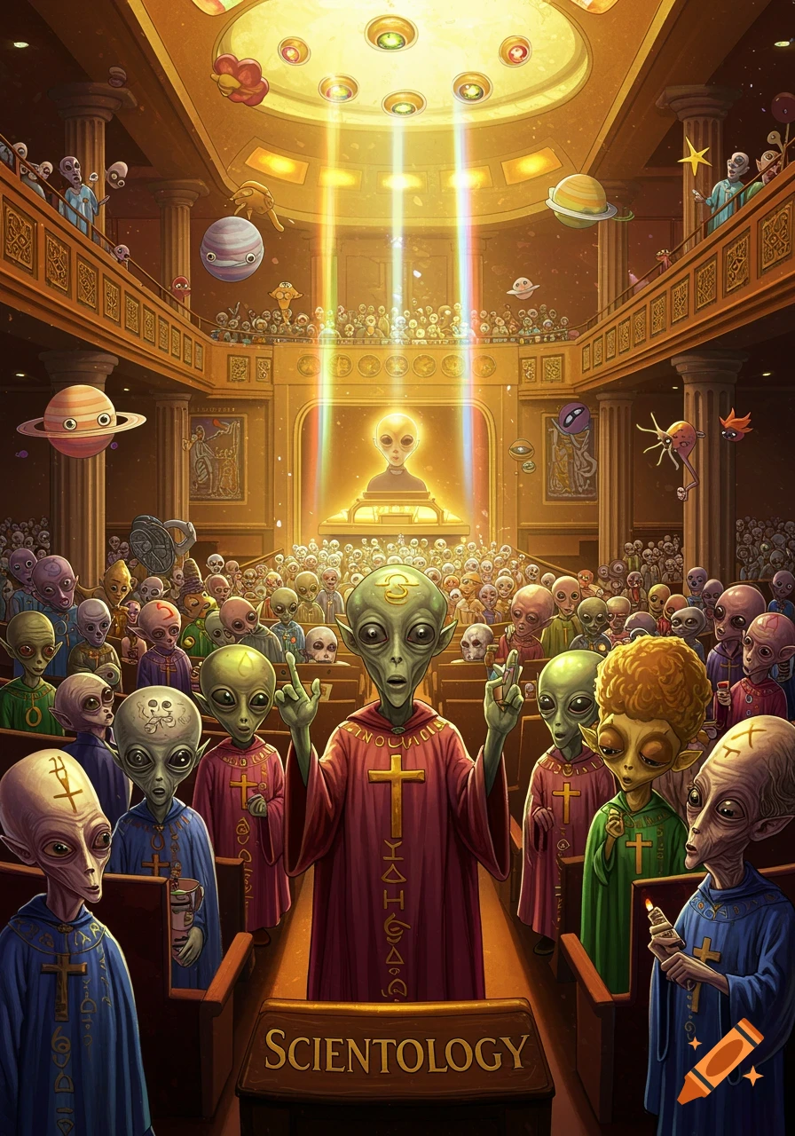 Cartoonish illustration of a large congregation of grey aliens in a ...