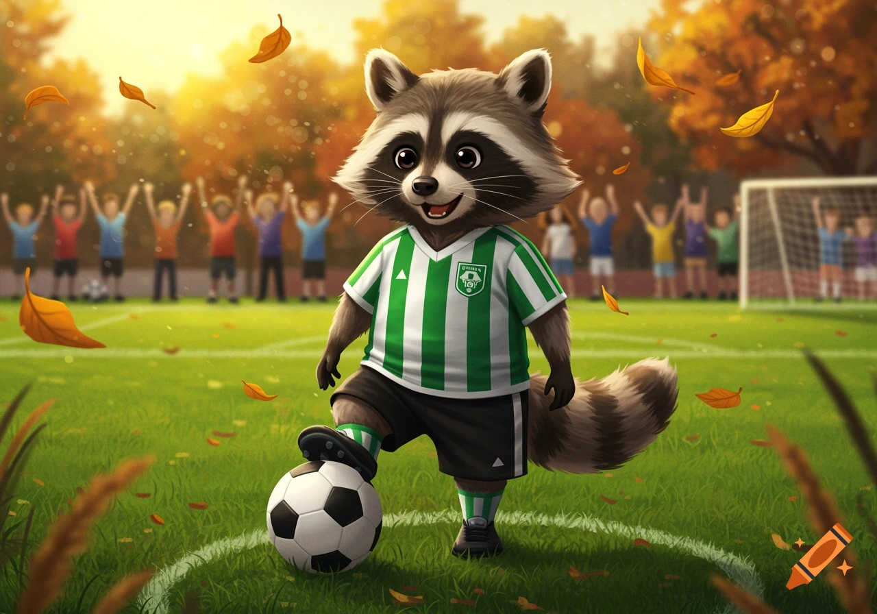 A stylized fox with green eyes sits on a grassy football pitch in a ...