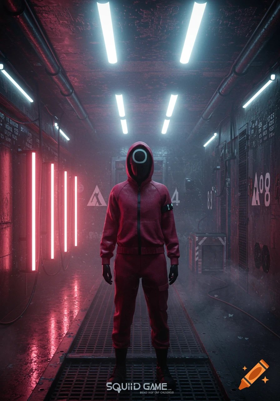 A surreal playground scene with giant dolls and people in red and green ...