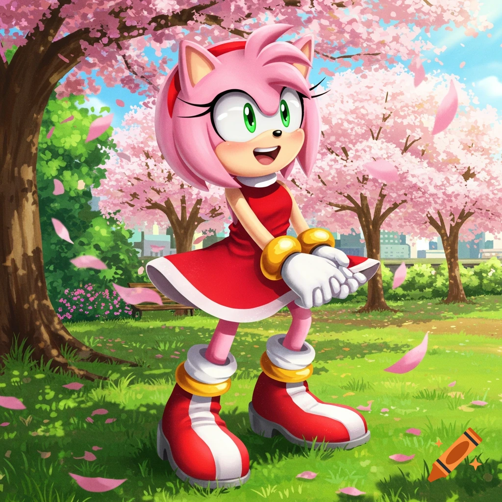 Amy Rose, a pink hedgehog, smiles while holding her hammer over her ...