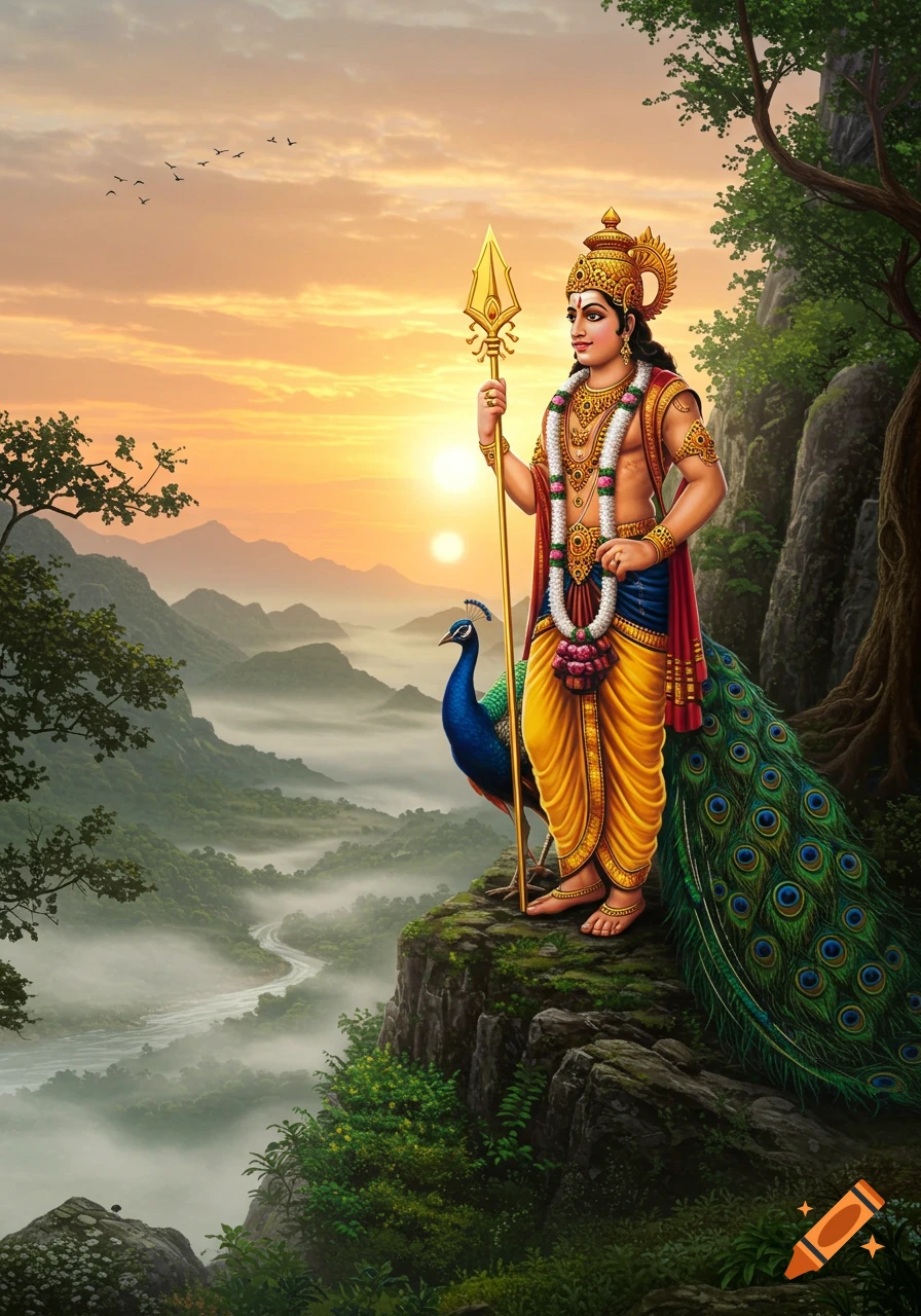 A Hindu deity, Murugan, stands with a peacock on a mountain overlooking a misty valley at sunset ...