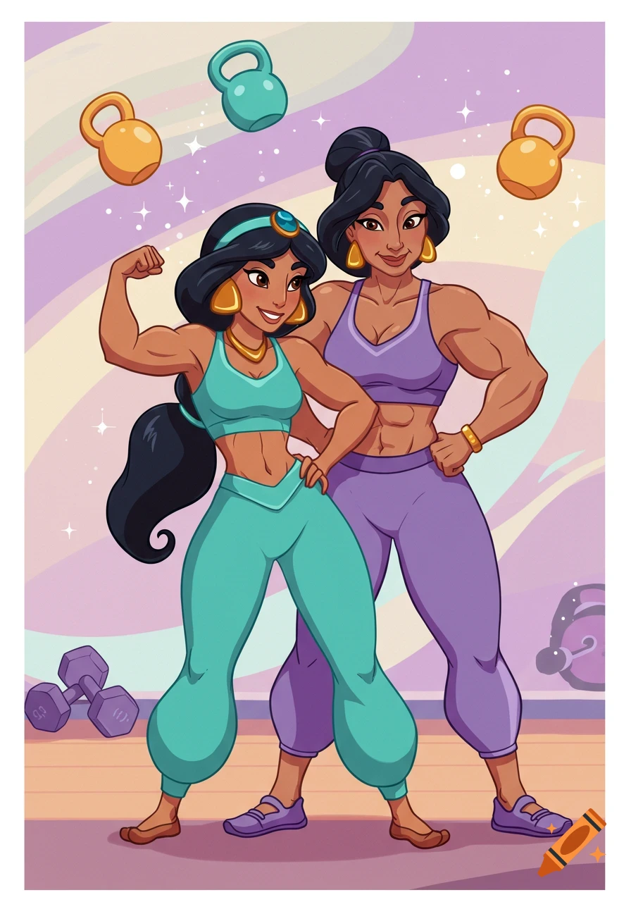 Cartoon of two muscular women resembling Jasmine and her mom flexing in ...