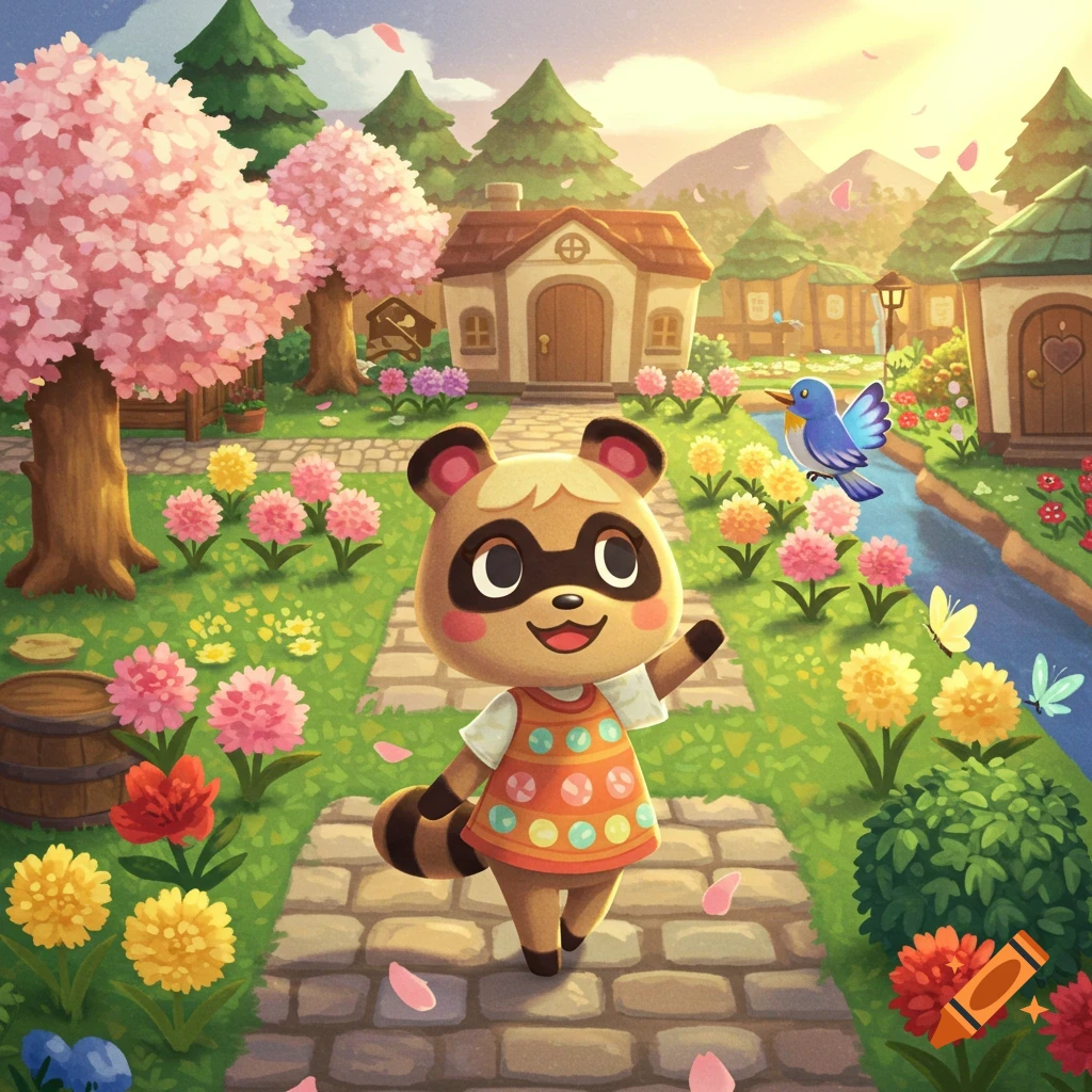 A cute red Animal Crossing-style alligator character in a checkered ...