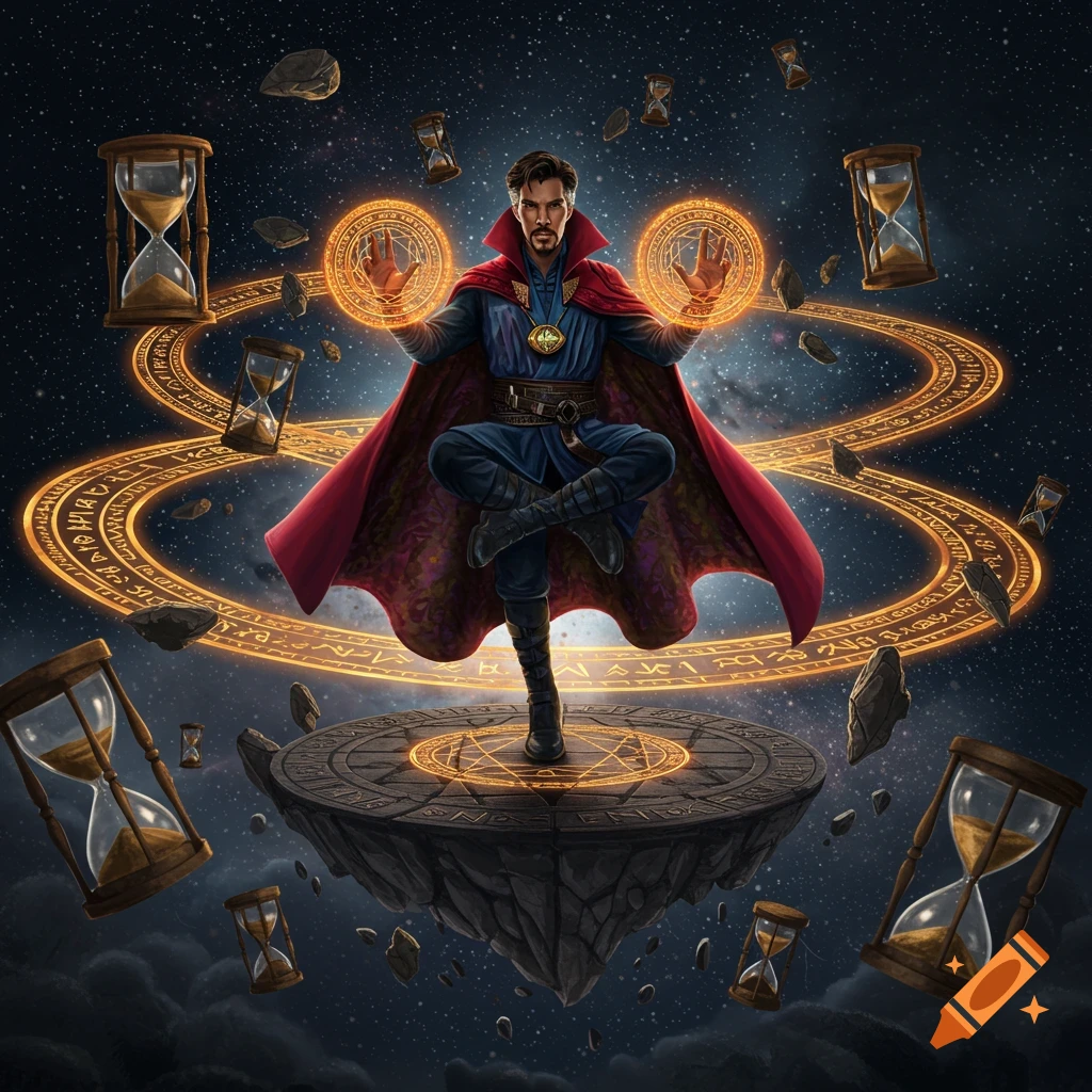 Doctor Strange levitates in a meditative pose over a glowing platform ...