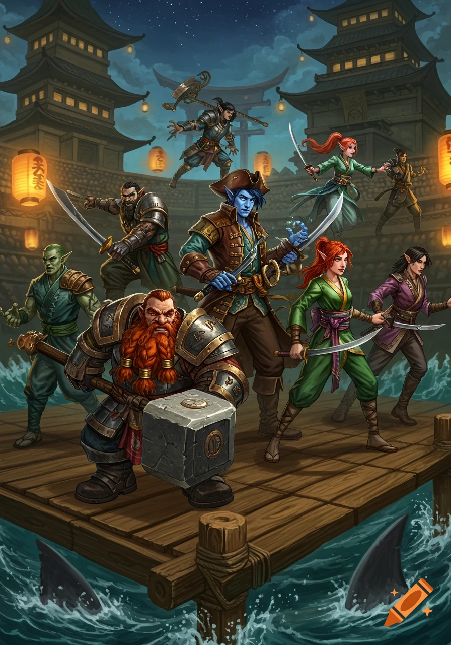 A diverse group of fantasy adventurers with weapons on a wooden dock ...