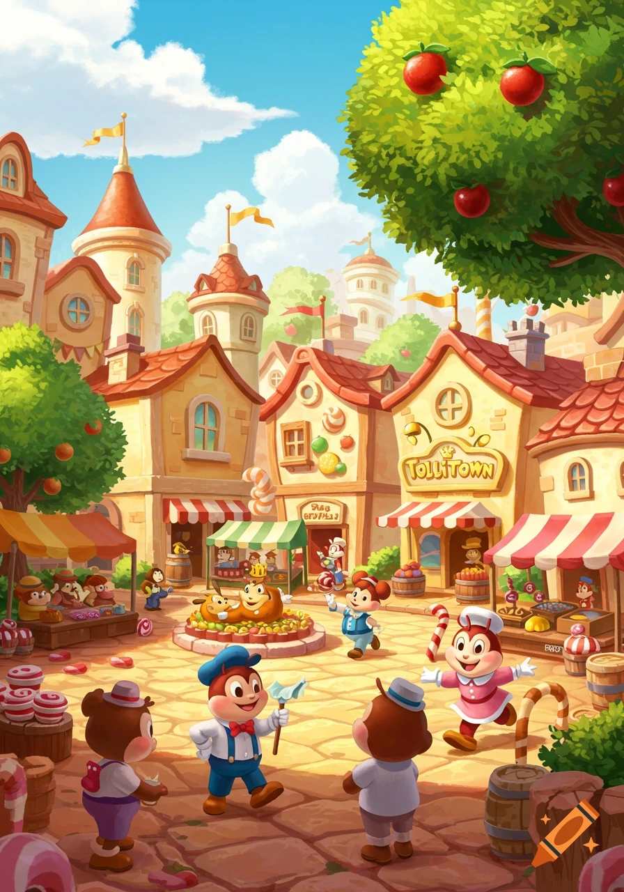 Cartoon town street view with colorful shops, cobblestone street, and ...