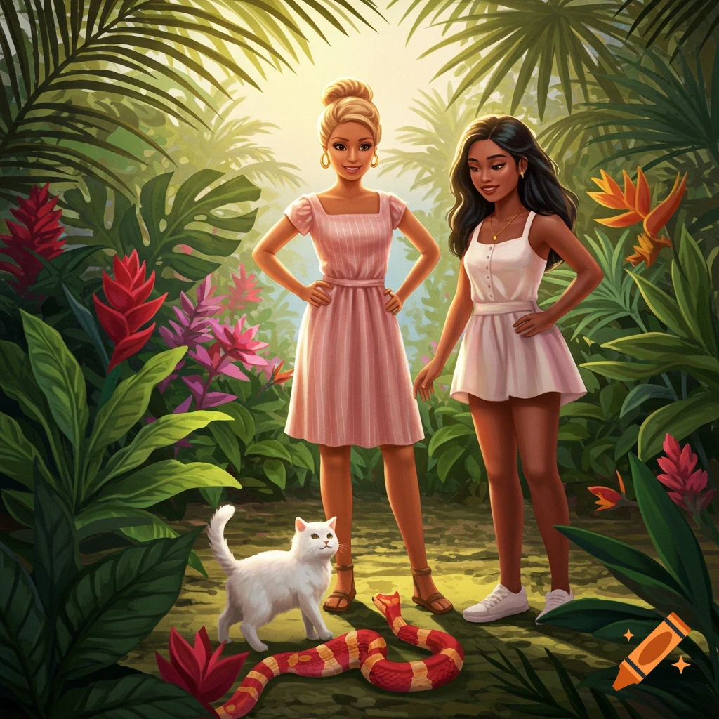 Illustrated image of two women, a white cat, and a red and yellow snake ...