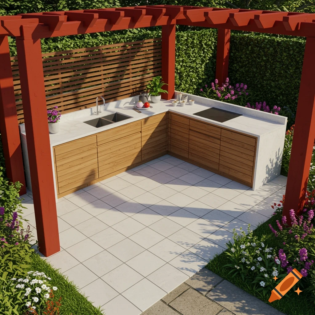 A modern outdoor kitchen with white countertops and wooden cabinets ...