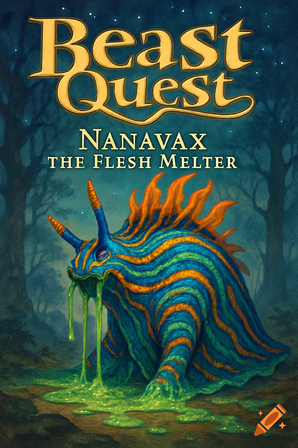 A fantasy book cover depicting a striped blue, green, and orange slug ...