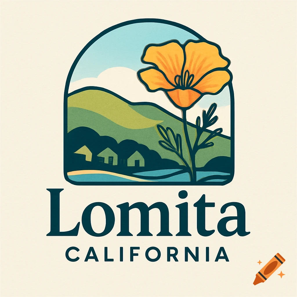 A stylized logo for Lomita, California, featuring an orange poppy ...