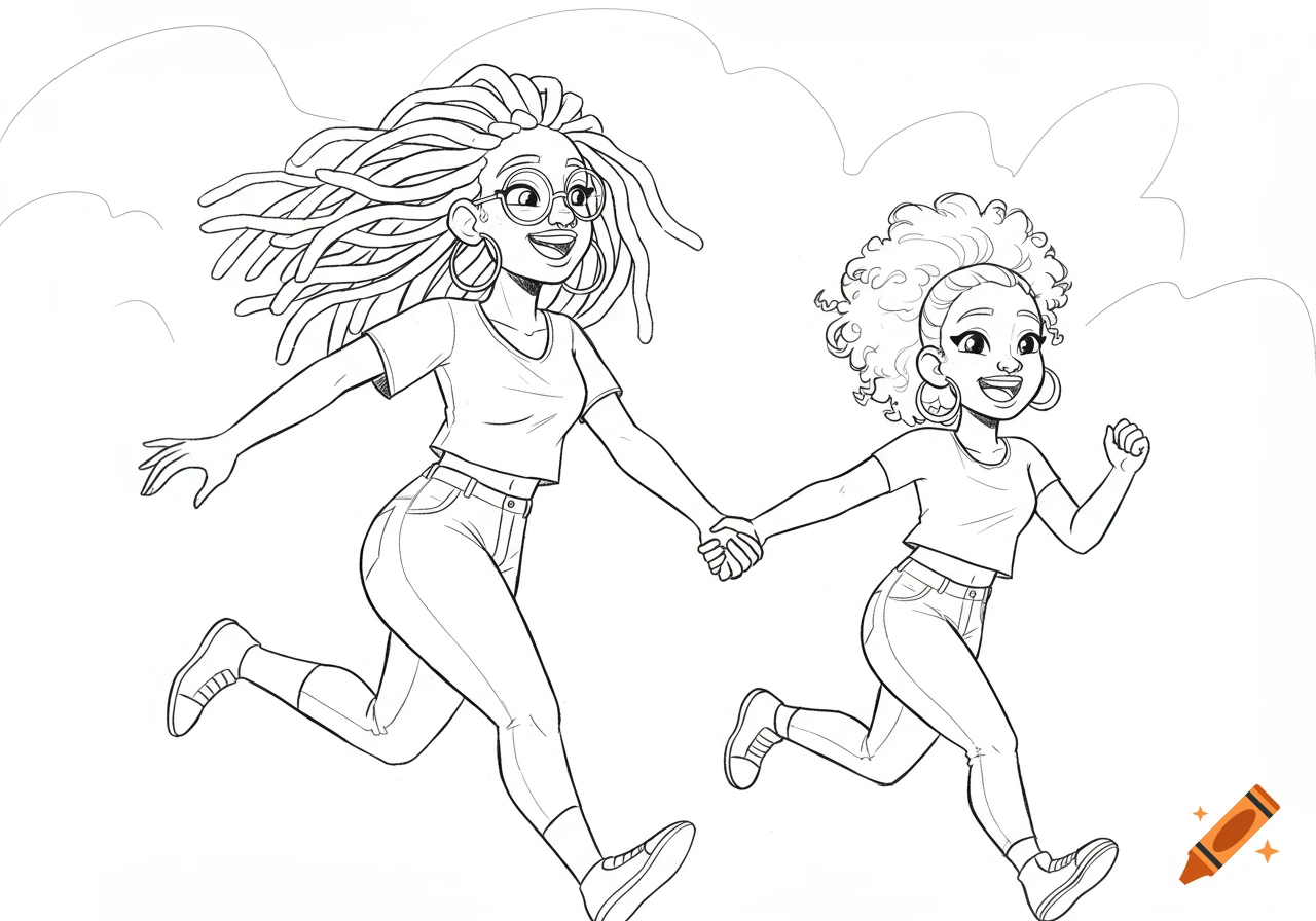Two happy girls with locs and curly hair running together, holding ...