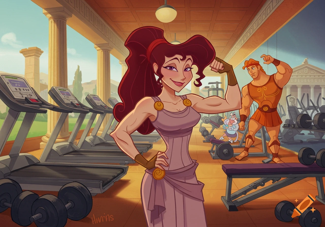 Hercules, Megara, and a young girl flex muscles in a cartoon Greek ...