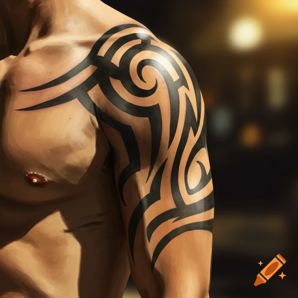 Close-up of a muscular torso and arm with a large black neo-tribal tattoo on the shoulder and ...