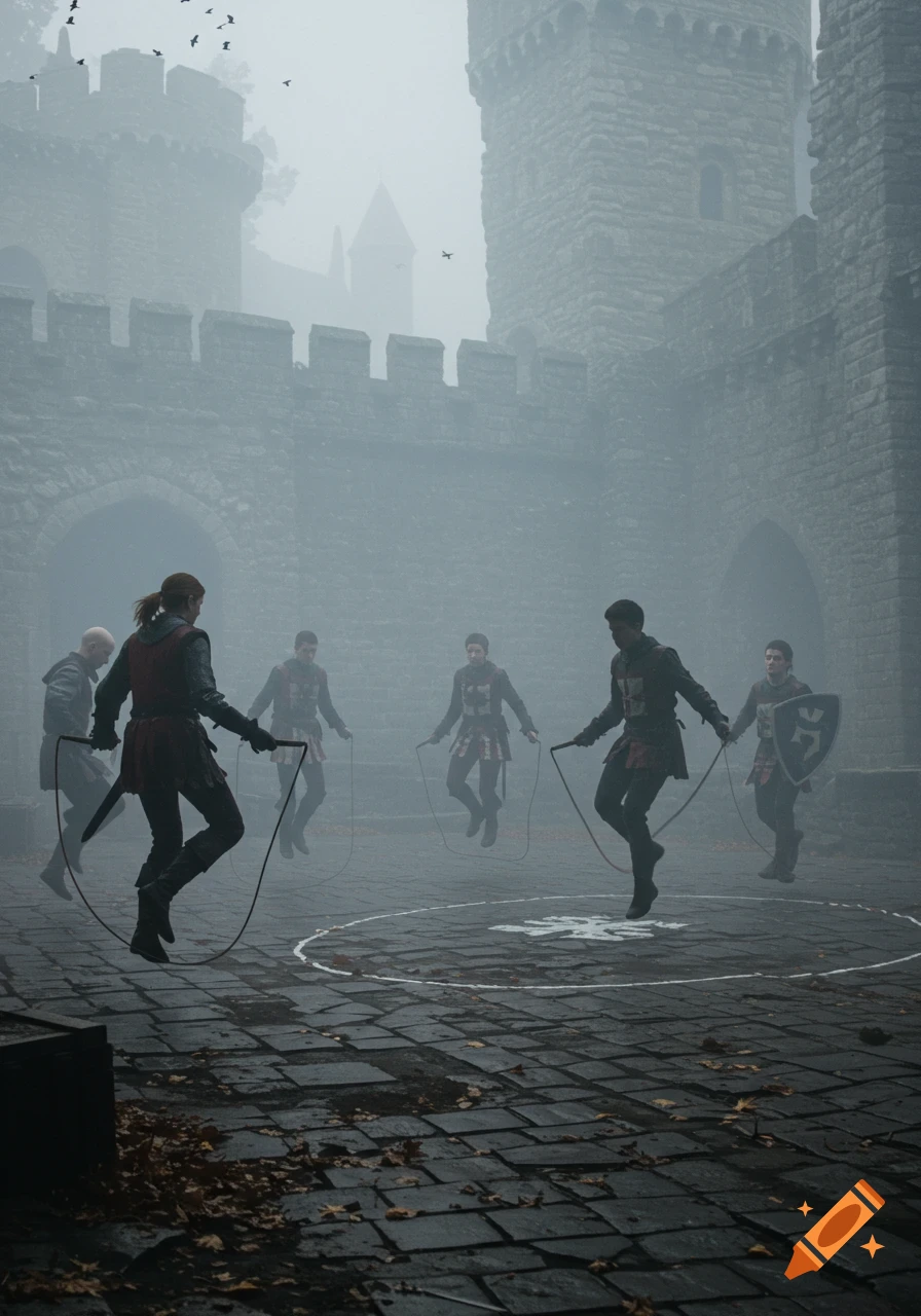 People in medieval attire jump rope in a misty castle courtyard ...