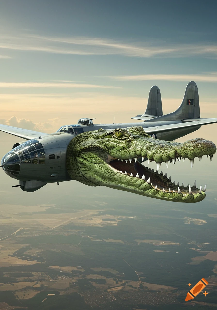 A photorealistic image of a bomber plane with a crocodile head flying ...