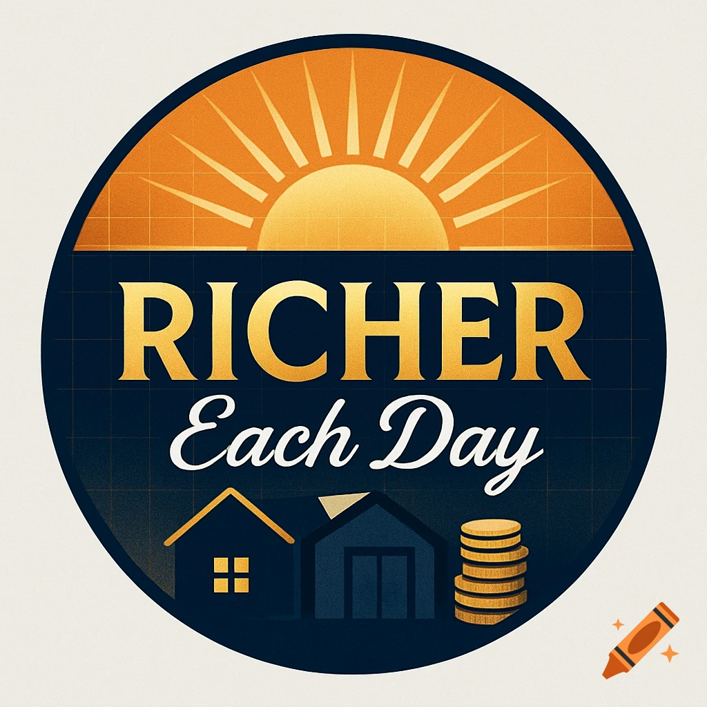 A circular logo with a golden rising sun, text 'RICHER Each Day', two ...