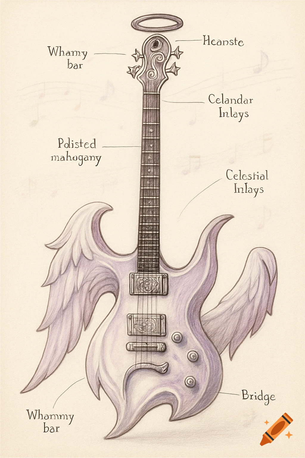 Sketch of an electric guitar with angel wings and a halo, labeled with ...