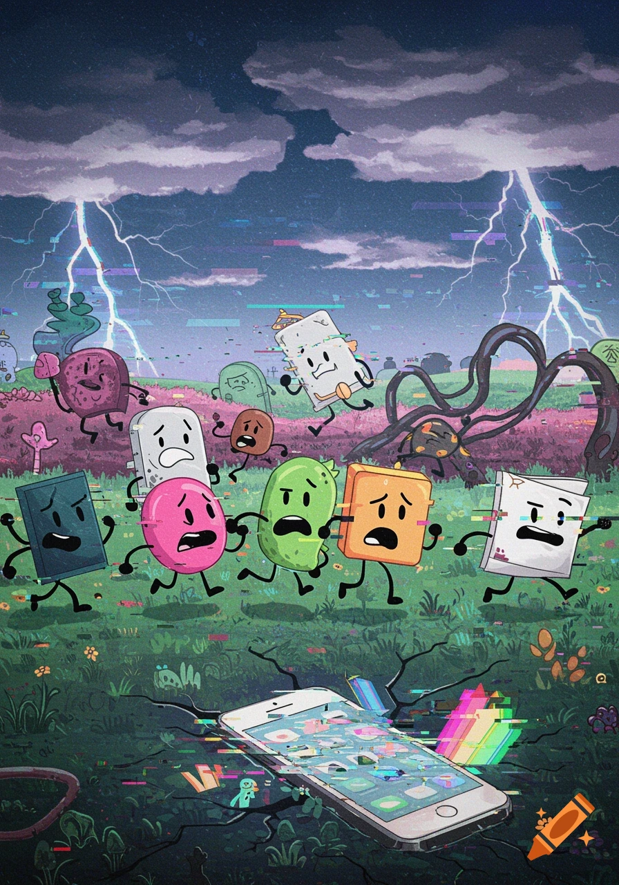 Cartoon characters of various inanimate objects with faces run in fear ...